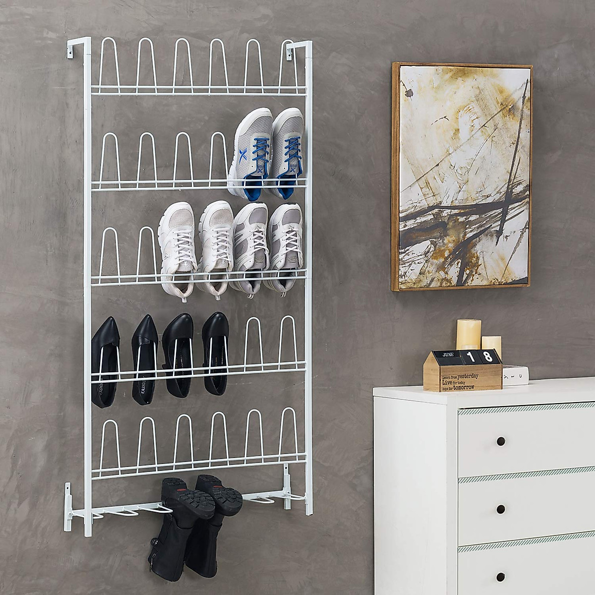 MyGift Modern Matte White Metal Hanging Shoe Rack for Walk in Closet, Mudroom and Entryway, Wall Mounted Space Saving Organizer for Shoes and Boots, Holds 18 Pairs
