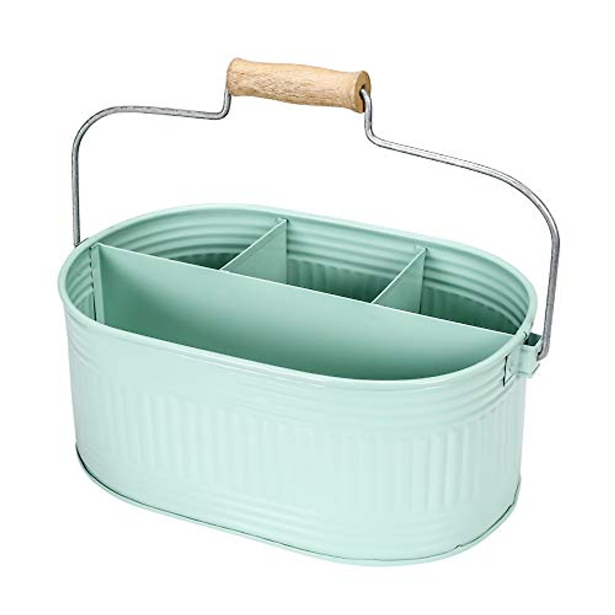 Alpha Living Home Farmhouse Utensil Caddy Carry-All Serveware-Galvanized Metal Organizer for Kitchen Counter-Comfort Wooden Handle In/Outdoor Storage For Flatware,Condiments,Party Cutlery,Arts-TEAL