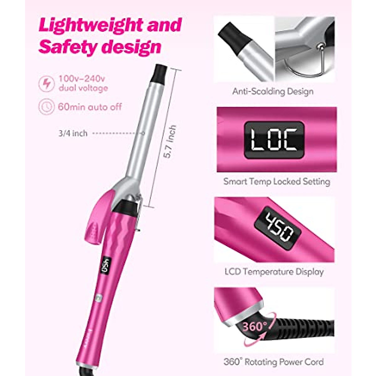 FARERY 3/4 Inch Curling Iron for Defined Curls, Tourmaline Ceramic Curling Iron with Keratin & Argan Oil Infused, Fast Heat Up Hair Curling Wand, Digital Display, Dual Voltage, 60 Min Auto Shut Off