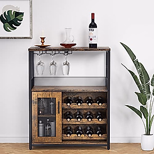 IDEALHOUSE 3-Tier Wine Bar Cabinet with Detachable Wine Rack and Drawer, Industrial Sideboard and Buffet Cabinet with Glass Holder and Mesh Door, Rustic Brown