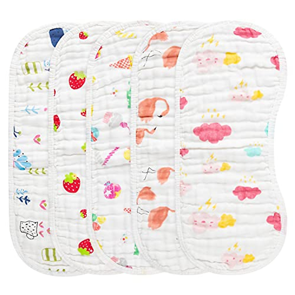 GROBRO7 5Pcs Burp Cloths Baby Bibs Muslin Burping Bid for Babies with Strawberry Flamingo Cotton Large Towels in 6 Layers Extra Absorbent Soft Machine Washable Nursery Newborn Gift 7x18.5inch
