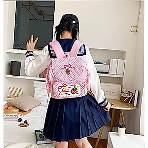 Cutemoria Girl's Kawaii Backpack Japanese Sweet Strawberry Embroidery School Backpack Casual Daypack Cute Lace Flap Backpacks, Pink, One Size