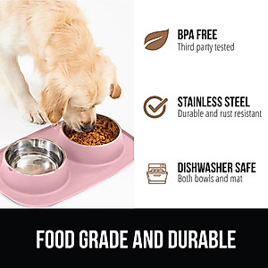 Gorilla Grip 100% Waterproof BPA Free Cat and Dog Bowls Silicone Feeding Mat Set, Stainless Steel Bowl Slip Resistant Raised Edges, Catch Water, Food Mess, No Spills, Pet Accessories, 2 Cup, Pink