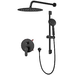 Gabrylly Shower System Black, Wall Mounted Slide Bar Shower Faucet Set Complete,High Pressure 10" Rain Shower Head with 5-Setting Handheld Shower,Shower Combo Set with Shower Valve