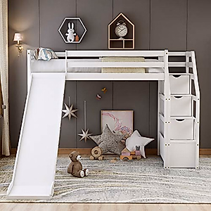 Merax Twin Size Loft Bed Frames with Silde, Staircase and Safety Guardrails No Box Spring Needed for Teens, Boys or Girls, White