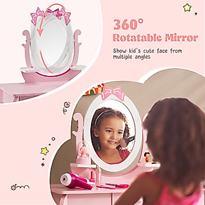 KOTEK 2-in-1 Kids Vanity with Detachable Top & 360° Rotating Mirror, Little Girls Vanity Set with Mirror, Stool and Drawer, Pink Princess Dressing Table & Chairs, Makeup Vanity Desk for Toddler 3-7