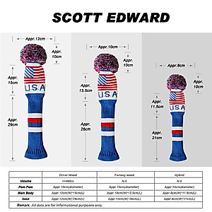 Scott Edward Knit Golf Club Cover with a Pom Set of 5 Head Covers Protect Driver Wood(460cc) 1 Fairway Wood2 and Hybrid/UT2 with Rotating Club Number Tags (USA Flag)