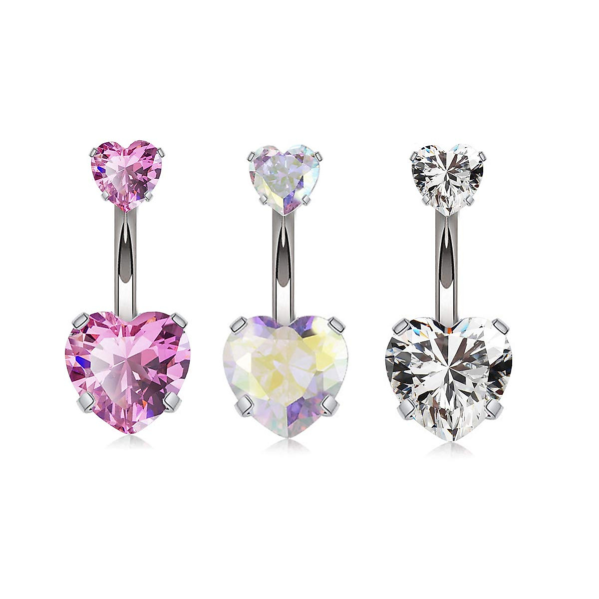 Belly Button Rings Navel Rings Surgical Steel 14g CZ Cute Heart Shape Body Piecing Jewelry for Women Girls (3 Pcs(Clear+AB Colour+Pink))