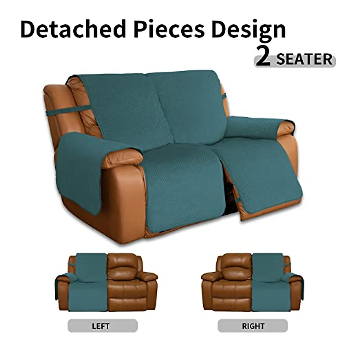 Easy-Going Recliner Loveseat Covers, Water Resistant Reversible 2 Seat Recliner Cover, Velvet Couch Cover, 2 Pieces Double Recliner Sofa Covers for Kids, Dogs, Pets (Recliner Loveseat, Peacock Blue)