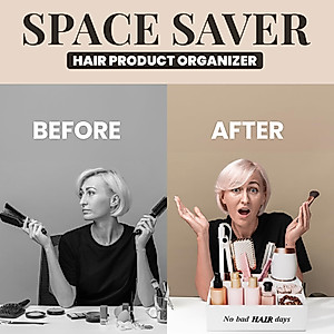 Hair Tool Organizer w/ 7 Compartments - Wooden Hair Product Organizer - Hair Straightener, Brushes, Bathroom Hair Dryer Holder w/ 2 Rose Gold Cups - Hot Tools Organizer for Bathroom Counter or Vanity