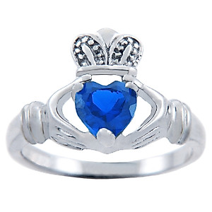 Personalized Sterling Silver Solitaire September Birthstone Heart CZ Irish Claddagh Ring (Size 7)