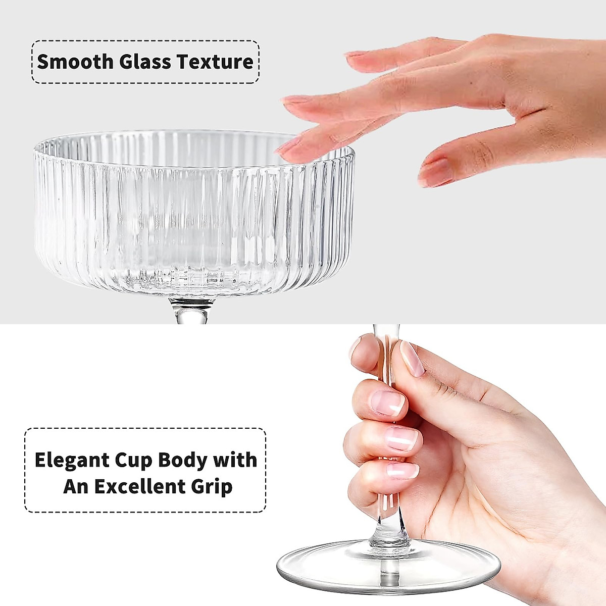 4 Pcs Coupe Glasses, Hand Blown 10 oz Cocktail Glasses, Ribbed Martini Glasses, Gift Boxed Drinking Glasses Set Pefect for Espresso Martini, Manhattan, Cocktail, Wine, Champagne