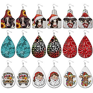 9 Pair Christmas Faux Leather Earrings Lightweight Leaf Dangle Teardrop Earrings for Women Gift -Style 2