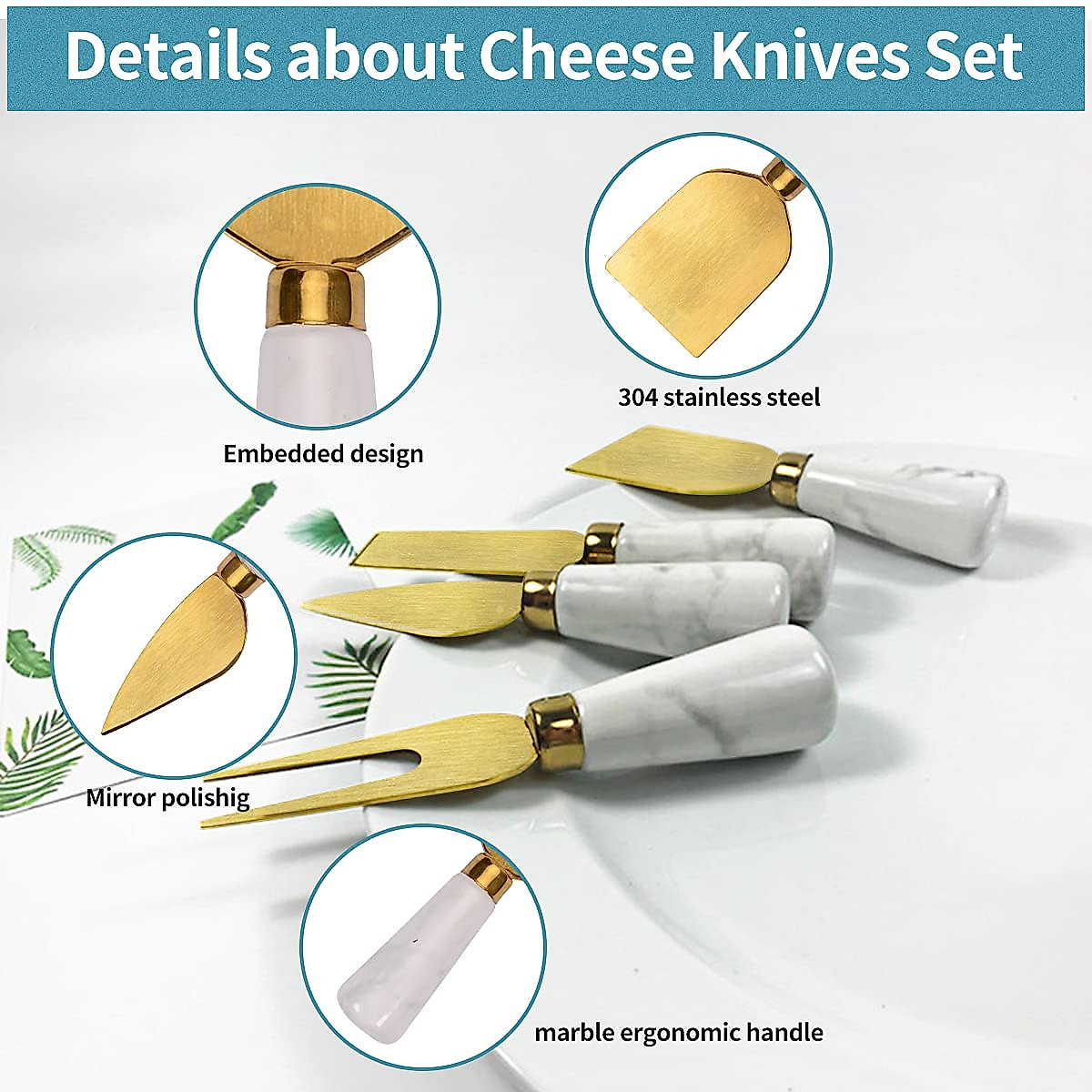 Funland 4PCs Gold Cheese Knife Spreader Set, Cute Butter Knife Slicer with Marble Handle, Cheese Spredering, Fruit Fork and Spatula for Jams - Cheese Board Accessories for Holiday, Weddings, Parties