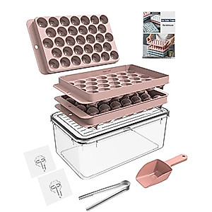 ICEDIVER Ice Cube Tray, Round Ice Trays for Freezer with Lid and Bin, Circle Ice Mold Making 66 x 1.0IN Small Ice Balls,Sphere Ice Makers with Ice Buckets Tongs & Scoop (Pink)