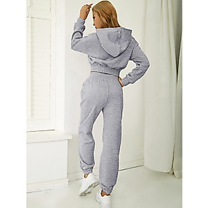 MakeMeChic Women's Sweatsuits 2 Piece Outfits Cropped Hoodie Pullover Top and Jogger Sweatpants Set Light Grey S