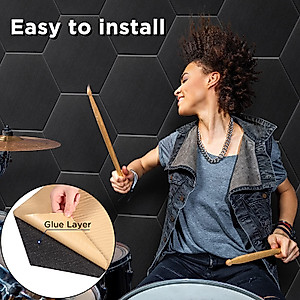 18 Pieces Acoustic Panels Hexagon Sound Proof Padding 11.8 x 10.2 x 0.4 Inches Foam Soundproof Wall Panels Self-Adhesive Sound Dampening Panels Acoustic Absorption for Studio Home Office, Black