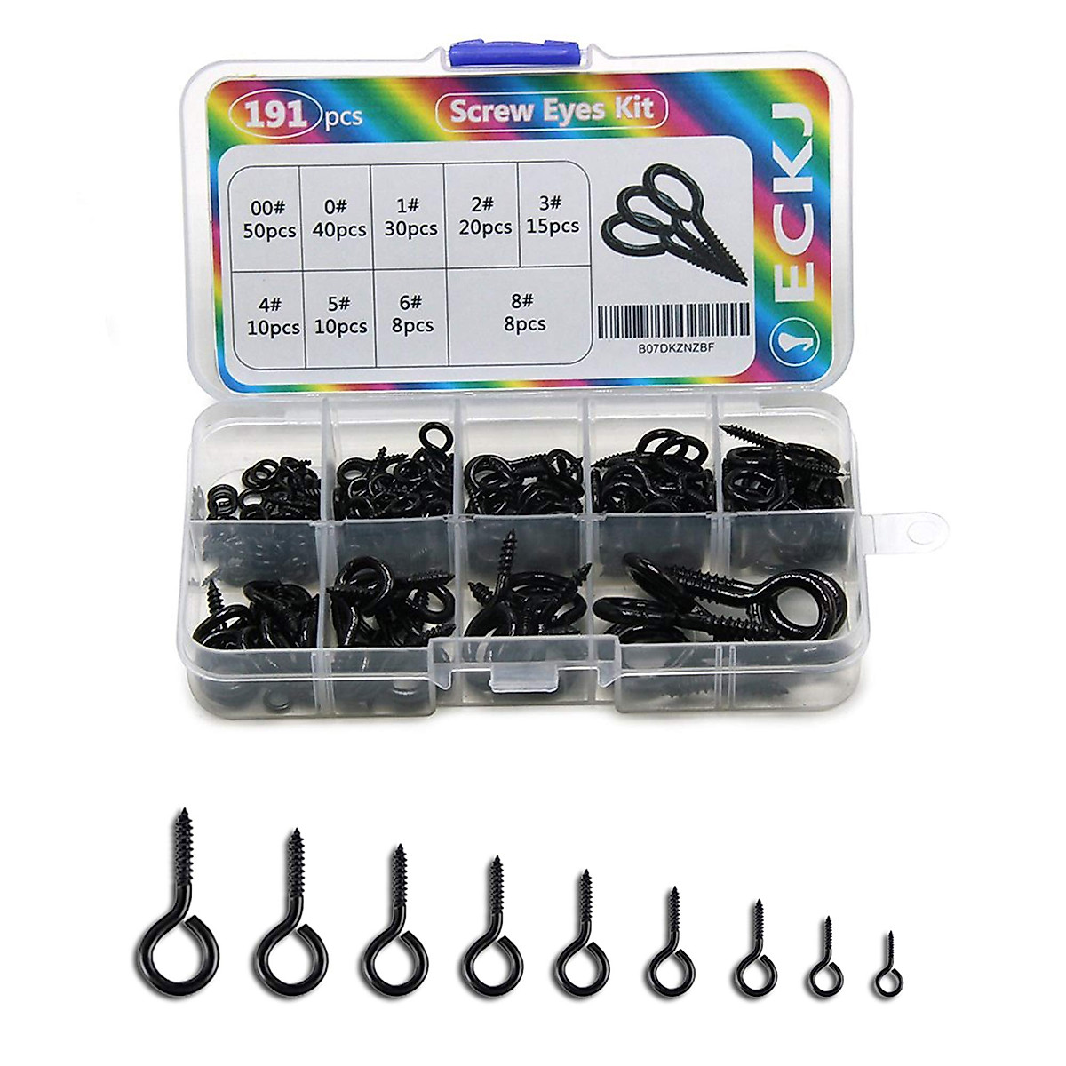 ECKJ 191pcs Screw Eyes Zinc Plated Metal Eye Hook Screw Self Tapping Screws Includes 9 Sizes Color Black