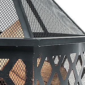 PRISP Outdoor Fire Pit for Garden and Patio, Large Hexagonal Fire Bowl, Includes Spark Guard, Poker and Protective Cover, Black and Bronze, 61 cm Width, 65 cm High - Foyer Extrieur