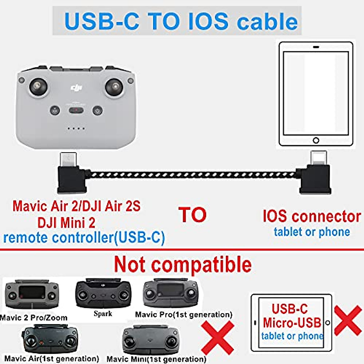 Hanatora 11.8 Inch USB C to iOS RC-N1 Remote Controller Cable for DJI Mavic 3/3 Classic,Air 2/2S,Mini 2/2 SE/3 Pro,Nylon 1FT OTG Long Tablet Extension RC Data Cord Accessories(iOS Connector)