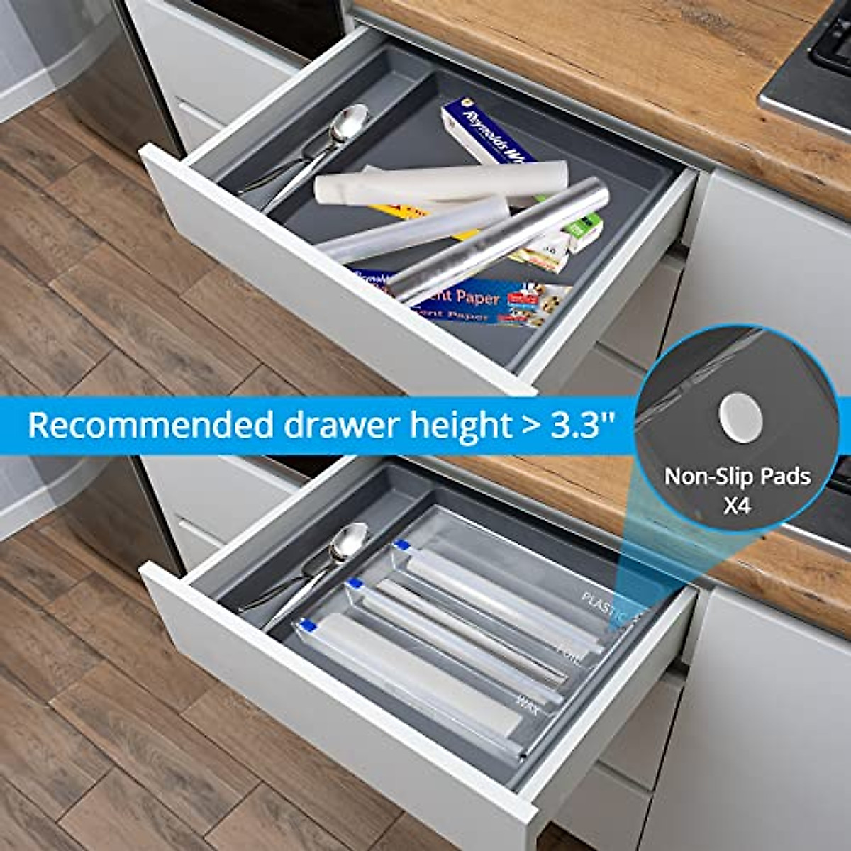 RUIDEO 3-in-1 Acrylic Plastic Wrap Dispenser with Cutter, Aluminum Foil and Plastic Wrap Organizer, Wax Paper and Saran Wrap Dispenser for Kitchen Drawer, Fits 13" Roll, Clear Magnetic Lid with"PULL"