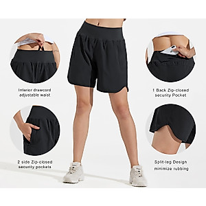 Libin Women's 7" Athletic Running Long Shorts with Liner High Waist Quick Dry Gym Workout Sports Shorts with Zipper Pockets, Black XL