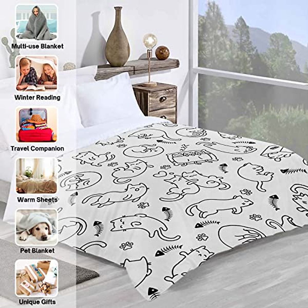 Cat Throw Blanket for Cat Lovers Cute Cat Flannel Fleece Blankets for Kids Adults Kawaii Simple Cat Print Lightweight Fuzzy Blanket Soft White Blanket for Couch Sofa Bed Birthday Gifts, 50''x60''