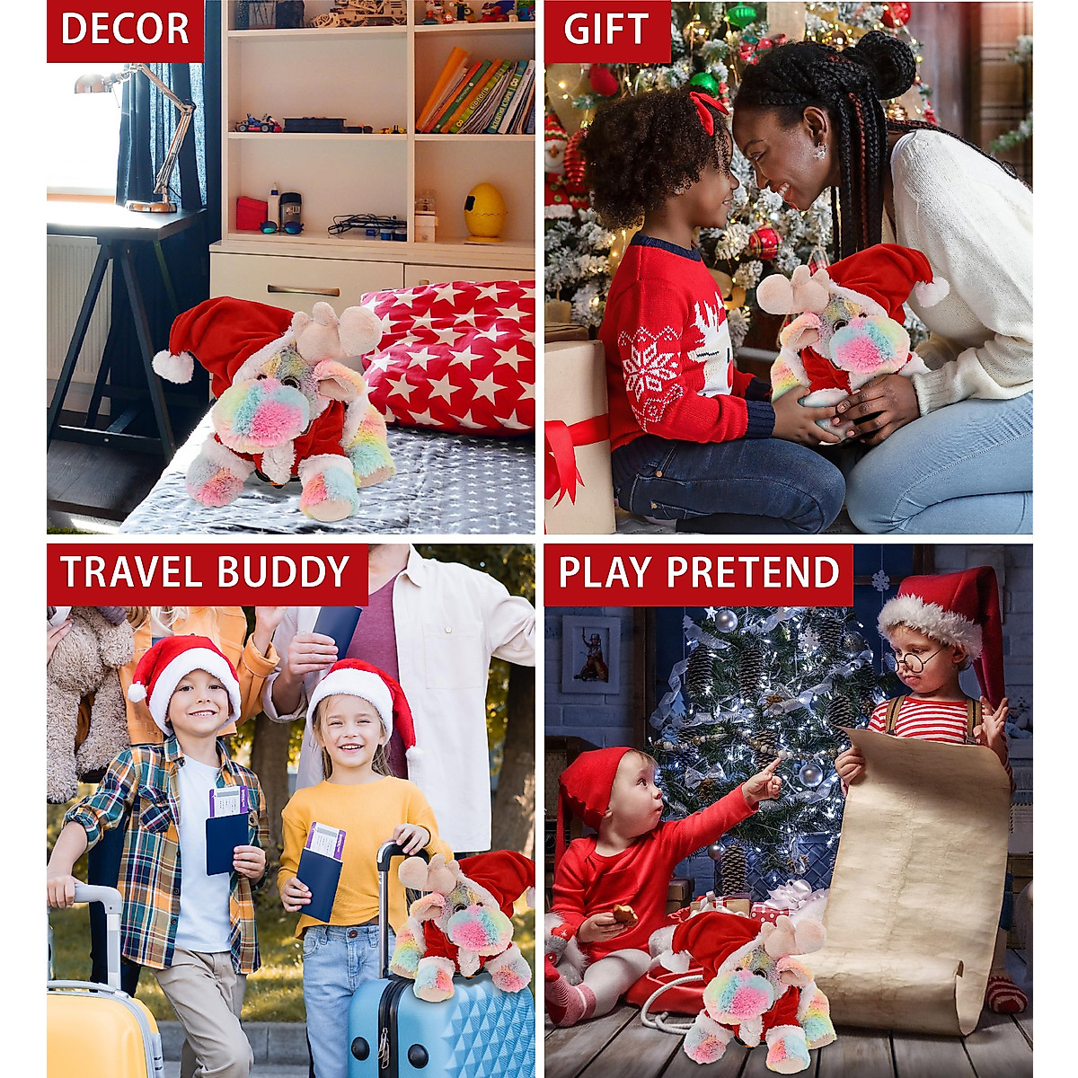 DolliBu Santa Rainbow Floppy Moose Stuffed Animal Plush Toy - Super Soft Dress Up with Red Santa Claus Outfit, Cute Moose Gift Perfect Holiday with Name Personalization - 9 Inches