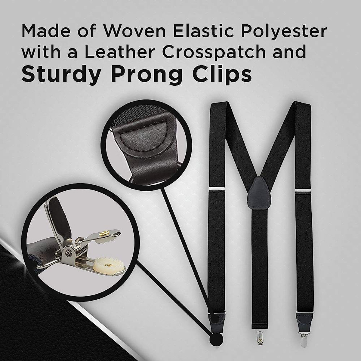 HOLD'EM Suspender for Men Made in USA Y-Back Leather Crosspatch Clip on tuxedo suspenders-Black (Regular - 46")