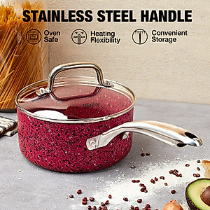 Hlafrg Cookware Infused Granite Nonstick, 2QT Saucepan Pot with Lid, PFAS-Free, Suitable for all cooktop, Oven Safe, Red