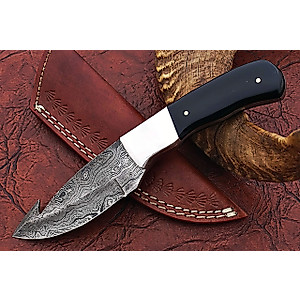 HUNTEX Handmade Hand-Forged Ladder Pattern Damascus Steel 8 Inch Long Full Tang Natural Buffalo Horn Handle Razor Sharp Hunting Camping Gut Hook Knife w/Genuine Leather Pouch