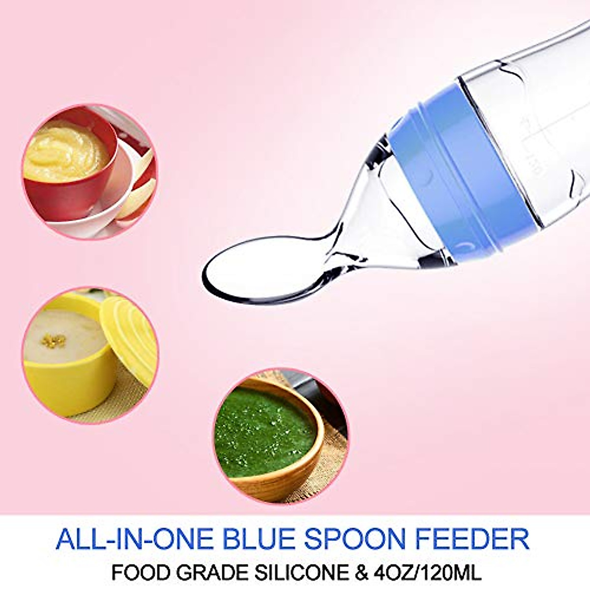Baby Mate Silicone Baby Food Dispensing Spoon (Blue, 4oz/120ml, Ideal for 4 Months+ Babies) - Squeeze Feeder with Spoon - Spoon Bottle for Baby - Baby Spoon Feeder Bottle Baby Solid Food Feeder