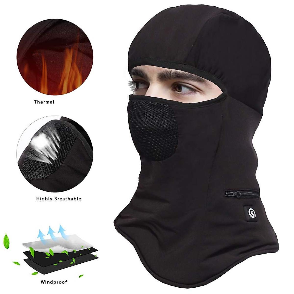 Battery Balaclava Face Ski Mask,Windproof Heated Hat Motorcycle,Riding Women Men Black