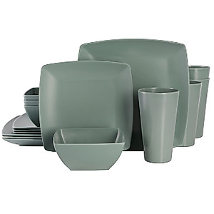 Gibson Home Soho Grayson Square Melamine Plastic Dinnerware Set, Service for Four (16pcs), Green
