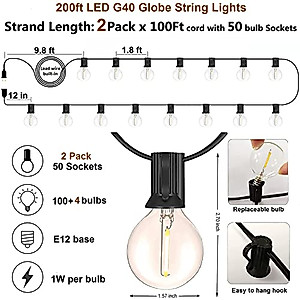 Skeerei Outdoor String Lights Waterproof Patio Lights 200FT with 100+4 Shatterproof G40 LED Edison Lights,Outdoor Hanging Lights for Party Backyard Gazebo Pegola Cafe, 2Pack x 100ft