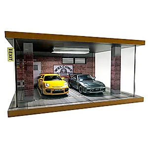 1/24 Scale Die-cast Car Garage Display Case with Clear Acrylic Cover and LED Lighting for 2 Parking Space (Route 66)