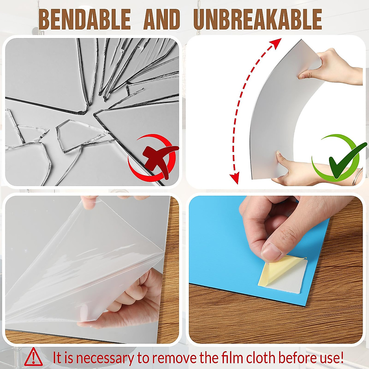 Queekay 20 Pcs Home Gym Mirrors 8'' x 8'', 12'' x 12'' Mirror Tiles Self Adhesive Workout Frameless Acrylic Wall Mirror 2mm Thick Wall Mounted Mirror Sheet Mirror Trays for Wedding Table Centerpieces