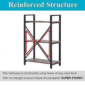 BON AUGURE Small 3 Tier Bookshelf, Rustic Industrial Book Shelf, Short Wood Metal Standing Etagere Bookcase for Living Room, Bedroom and Office (Dark Gray Oak)