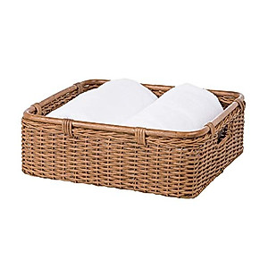Kouboo Decorative Wide Storage and Shelf Basket in Half Wicker and Rattan with Cut-Out Handles, One Size, Caramel Brown
