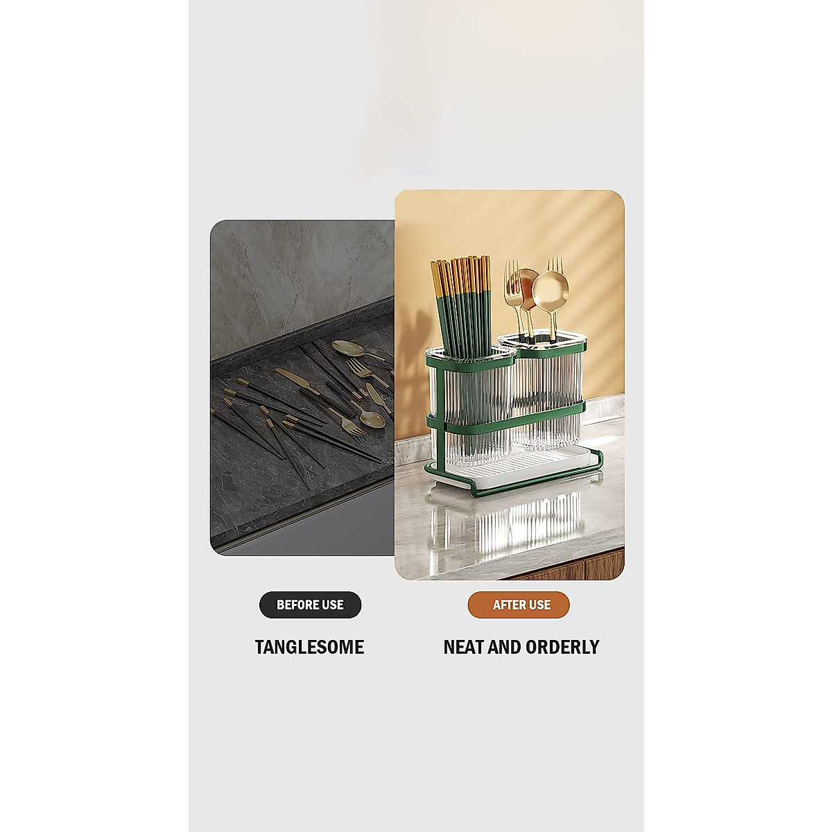 FEIJSQIU Utensil Holder with 2 Compartments Cooking Utensil Holder for Cooking Tools Storage and Utensil Organizer Utensil Drying Rack has Tray at Bottom for Easy Drainage.Clean Easy (Green)