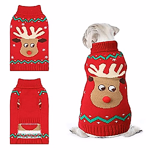 HUMLANJ Christmas Dog Turtleneck Sweater Winter Reindeer Snowflake Sweater with Leash Hole Puppy Knitwear Pullover Holiday Sweaters for Small Medium Large Dogs