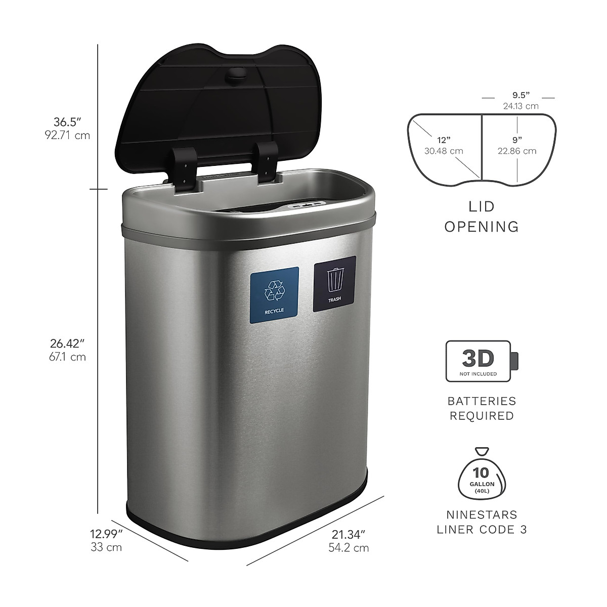 Ninestars DZT-70-R3 Motion Sensor Trash Can, Extra Large, Silver