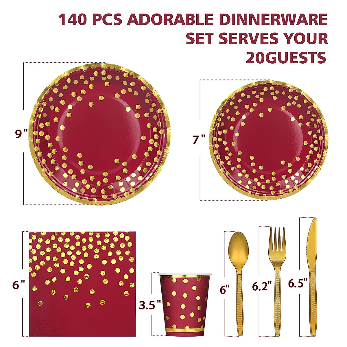 140 Pcs Burgundy & Gold Party Supplies - Gold Dot Disposable Dinnerware - Paper Plates, Napkins, Cups, Plastic Forks, Knives, Spoons for Christmas, Wedding, Graduation Decoration