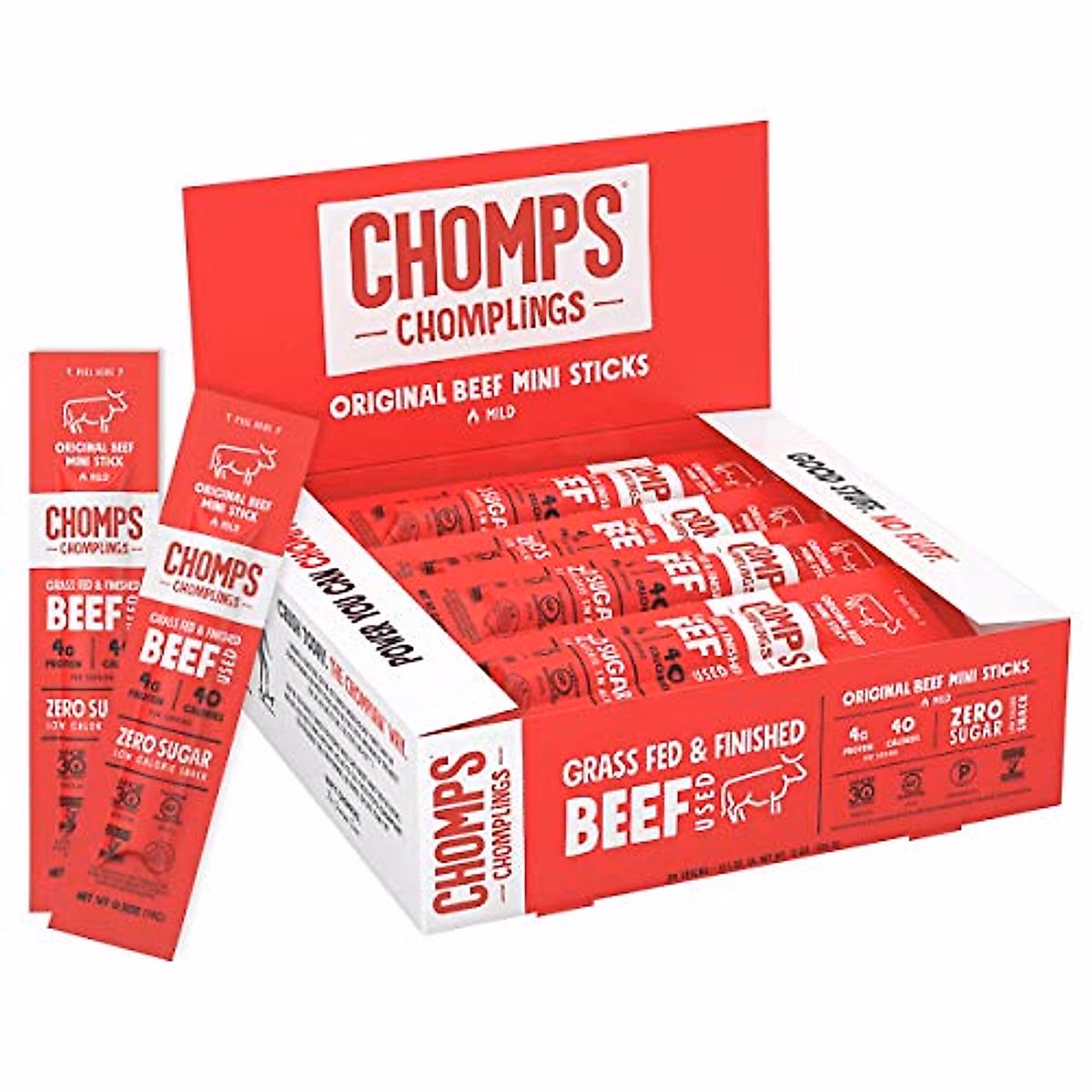 CHOMPS Snack Size Grass Fed Beef Jerky Meat Snack Sticks, Keto, Paleo, Whole30 Approved, Sugar Free, Low Carb, Nitrate Free, Gluten Free, High Protein, Non-GMO, 40 Calories 0.5 Oz, Original Beef 24 Pack