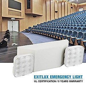 EXITLUX 1 Pack LED Emergency Lighting Fixture with 2 LED Heads-Hardwired Adjustable White Commercial Emergency Lights with Battery Backup for Power Failure