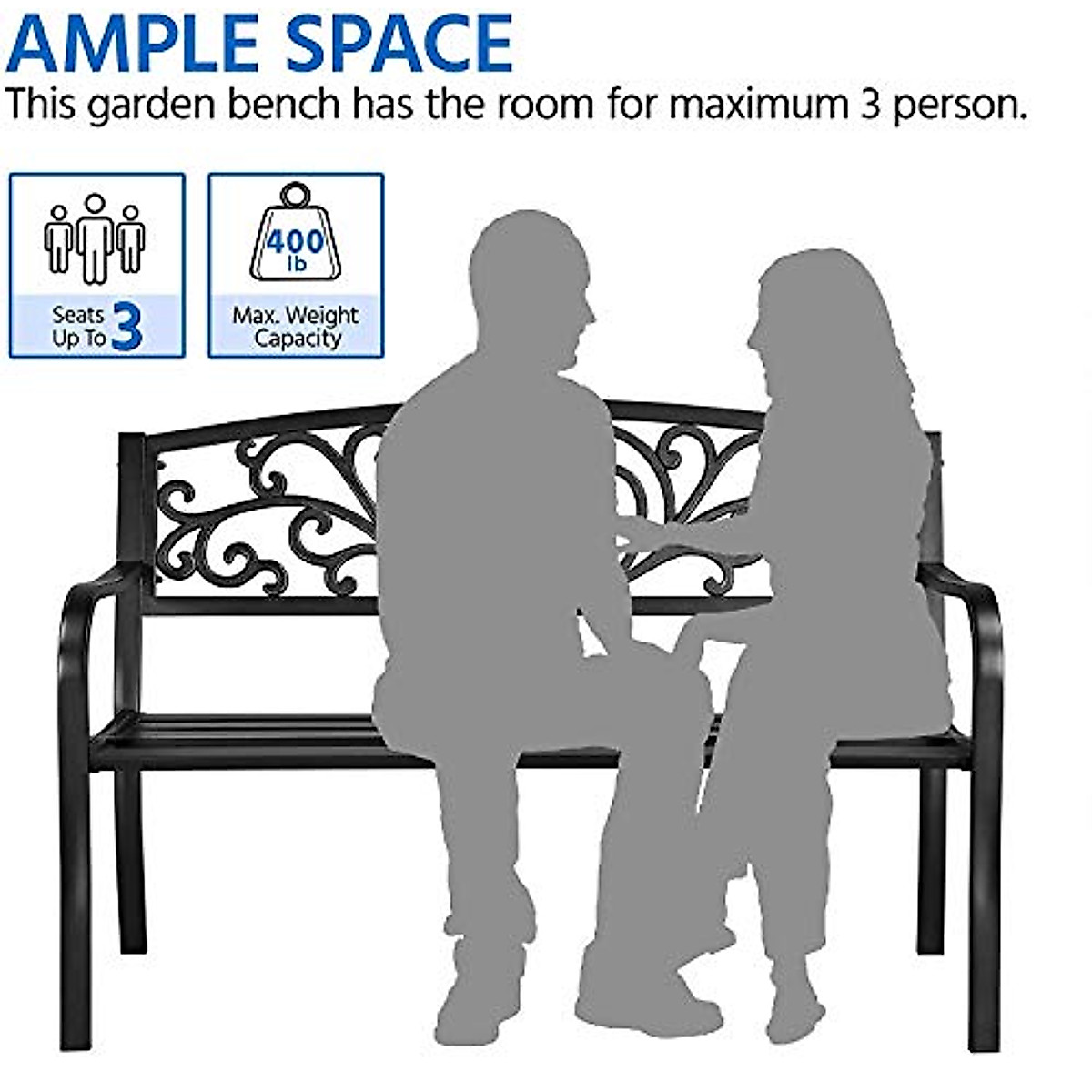 Patio Park Garden Bench, 50" Outdoor Bench Metal Bench with Powder Coated Iron Metal Frame & Floral Ivy Design Backrest, 400lbs Sturdy Steel Frame Furniture for Yard Porch Entryway Lawn Decor Deck