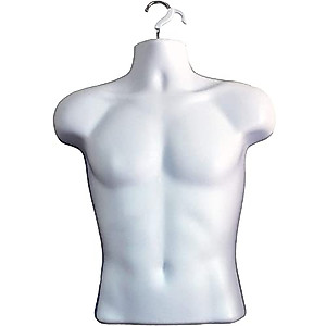 DisplayTown 1 Pack White Male Mannequin Torso with Metal Stand Dress Form Tshirt Display Countertop Hollow Back Body with Metal Pole & Hanging Hook S-M Clothing Sizes