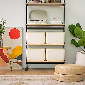 IRIS USA Plastic Basket Bin & Lid, Large, 4-Pack, Stackable Lidded Storage Organizer Bins for-Kitchen-Bathroom and Bedroom, Off White