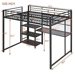 Full Size Loft Bed with Desk and Storage Shelves, Metal Loft Bed Full Size with Whiteboard and 3-Tier Shelves, Full Size Loft Bed for Kids, Teens (Black Full)