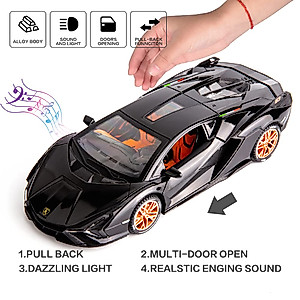 WAKAKAC Model Car Compatible for 1/24 Scale Sian FKP37 Toy Car Collectible Toy Vehicle Pull Back with Light and Sound Toy Car for Boys Adults Girl Gift(Black)